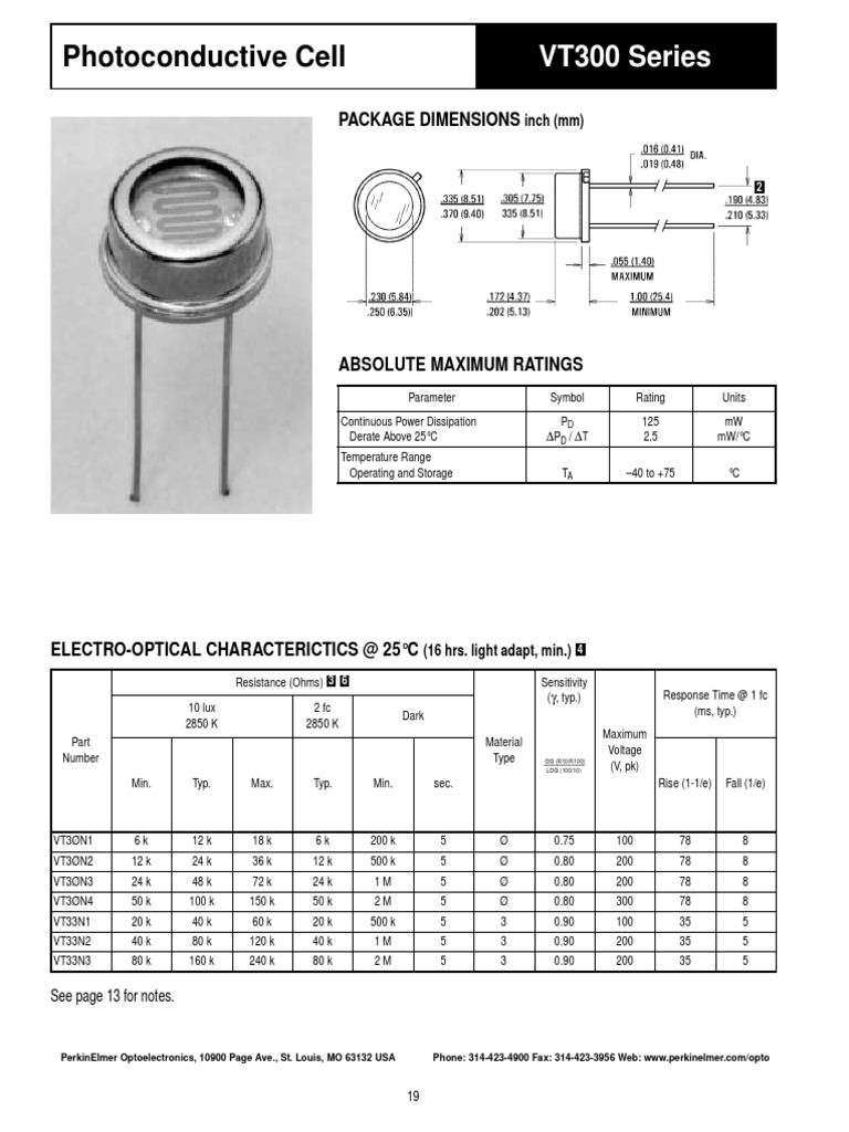 VT300 Series Photoconductive Cell Specs | PDF
