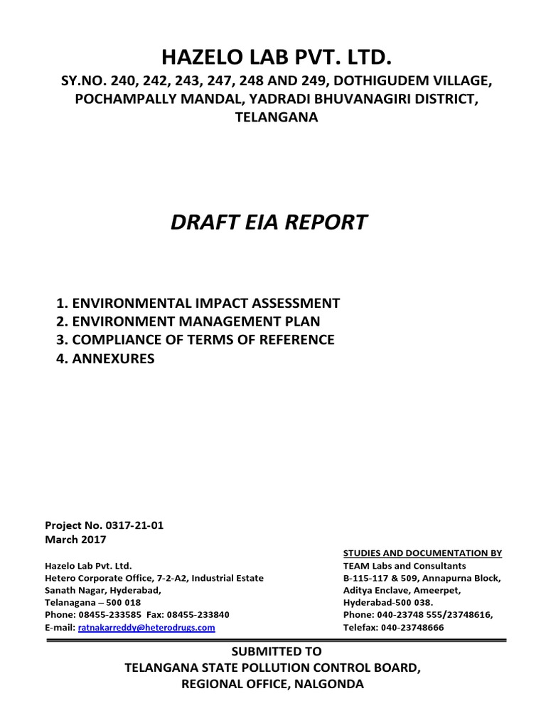 Hazelo Lab Pvt. LTD., Yadadri Bhuvanagiri District - Draft EIA Report (Part I) PDF | PDF ...