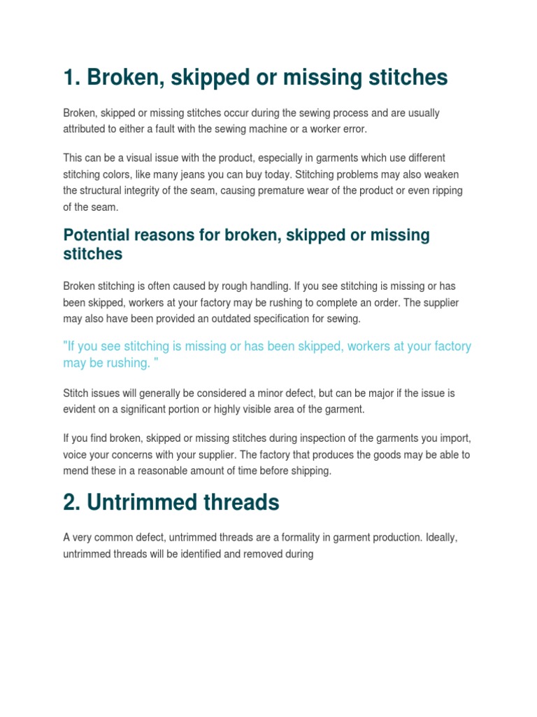 Potential Reasons For Broken, Skipped or Missing Stitches | PDF | Seam ...