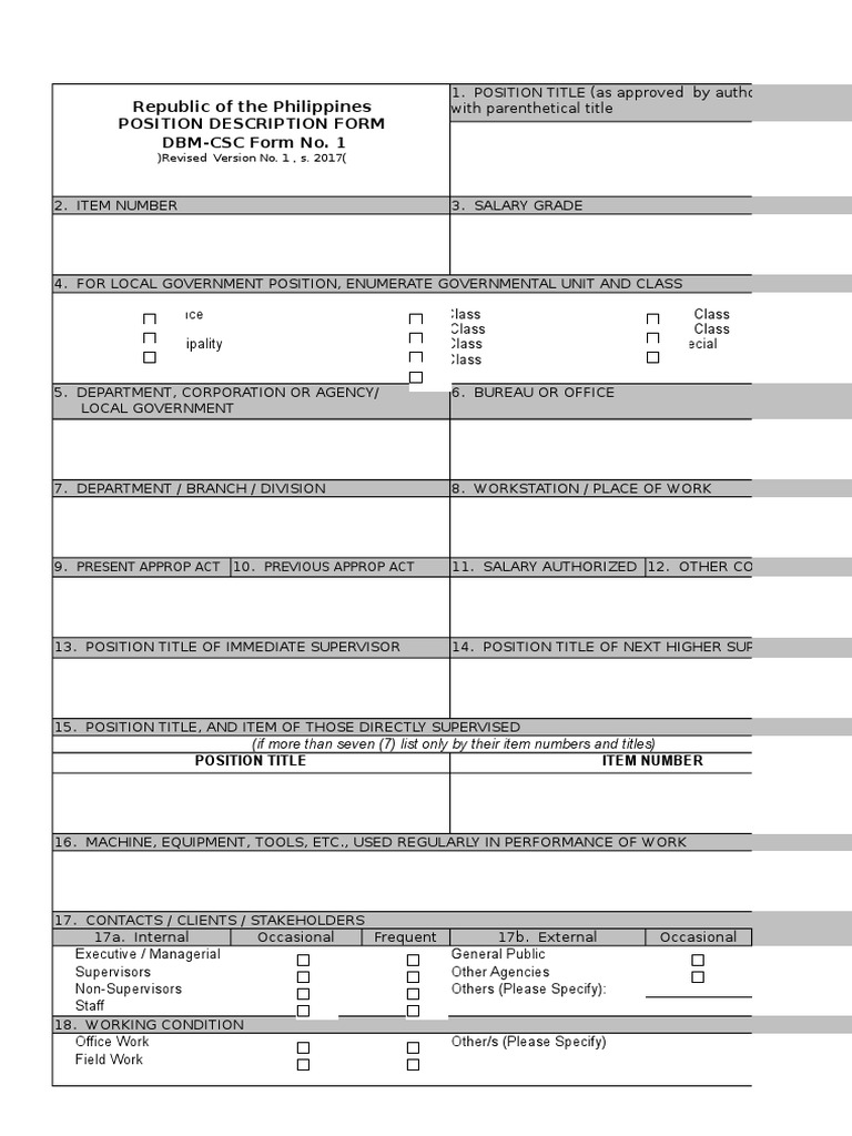 DBM-CSC Form No. 1 Position Description Forms - 2018 | PDF | Competence ...