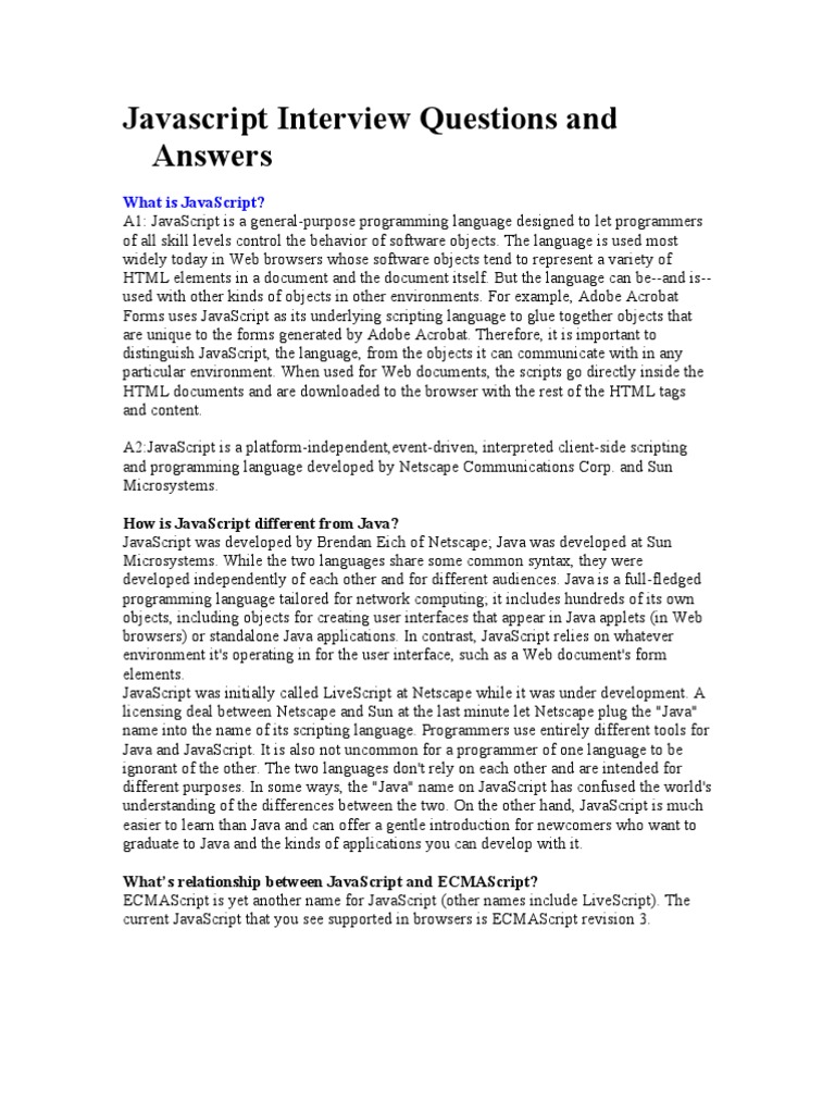 Javascript Interview Questions And Answers Pdf Java Script Dynamic Web Page