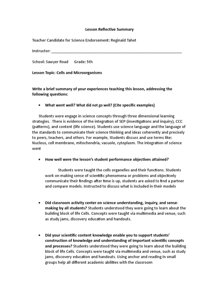 Lesson Reflective C2cell1 | PDF | Science | Teachers