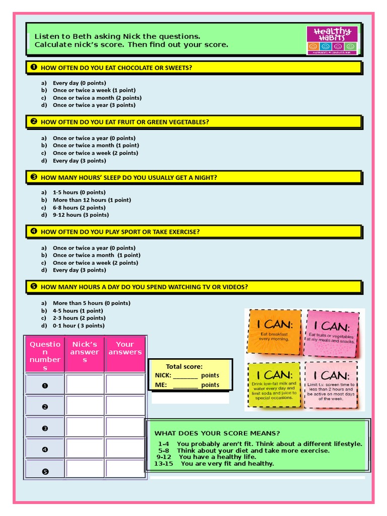 A Healthy Habits Survey Conversation Topics Dialogs Reading ...