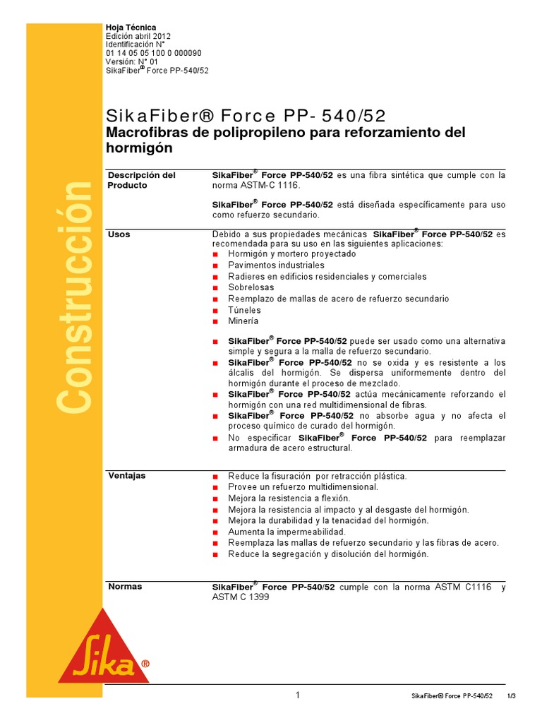 SikaFiber Force PP 540-52 | PDF | Acero | Agua