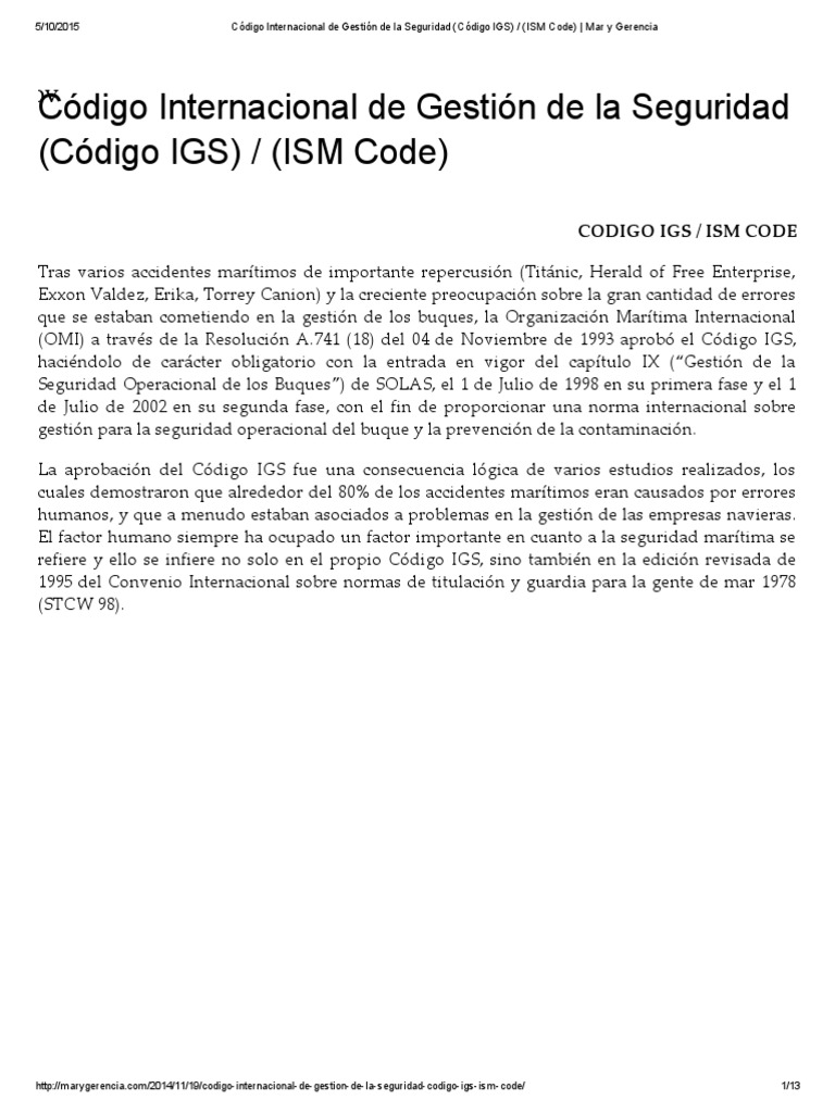 Código Internacional de Gestión de La Seguridad (Código IGS) - (ISM Code) - Mar y Gerencia | PDF ...