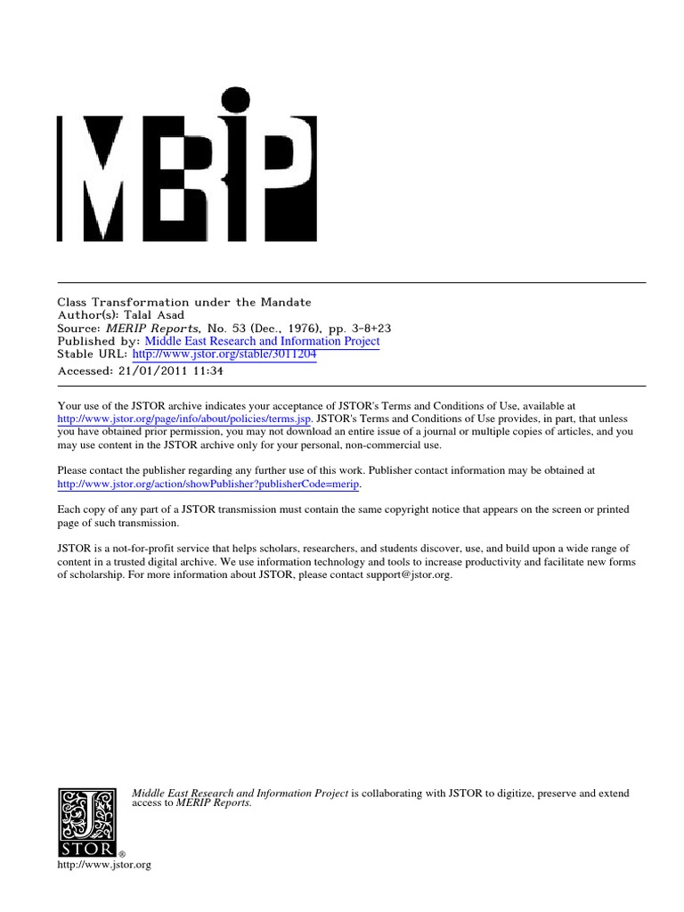 ASAD, Talal. Class Transformation Under The Mandate. 1976 | PDF ...