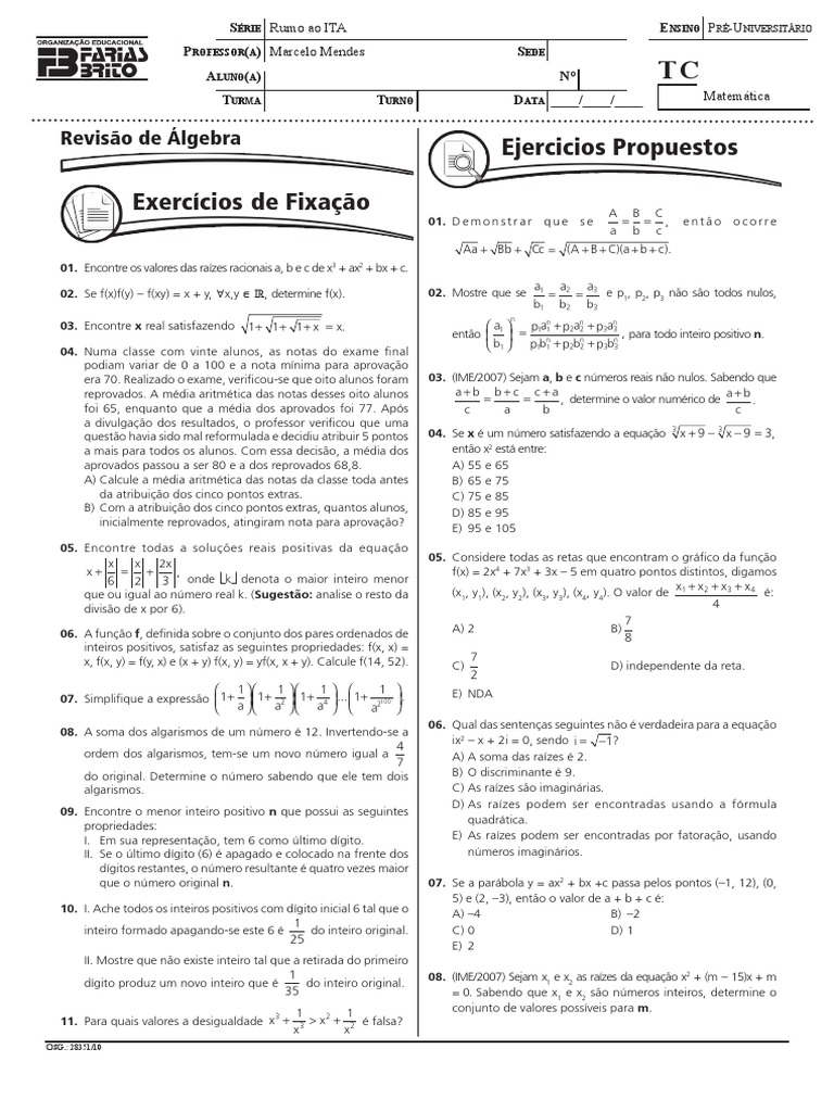 Álgebra - Exercícios PDF | PDF | Número real | Equações