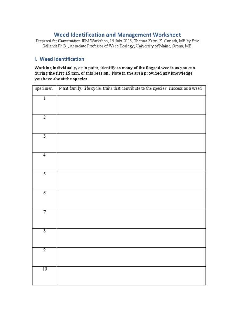 Weed Identification and Management Worksheet 9-17-08 | PDF | Weed | Botany