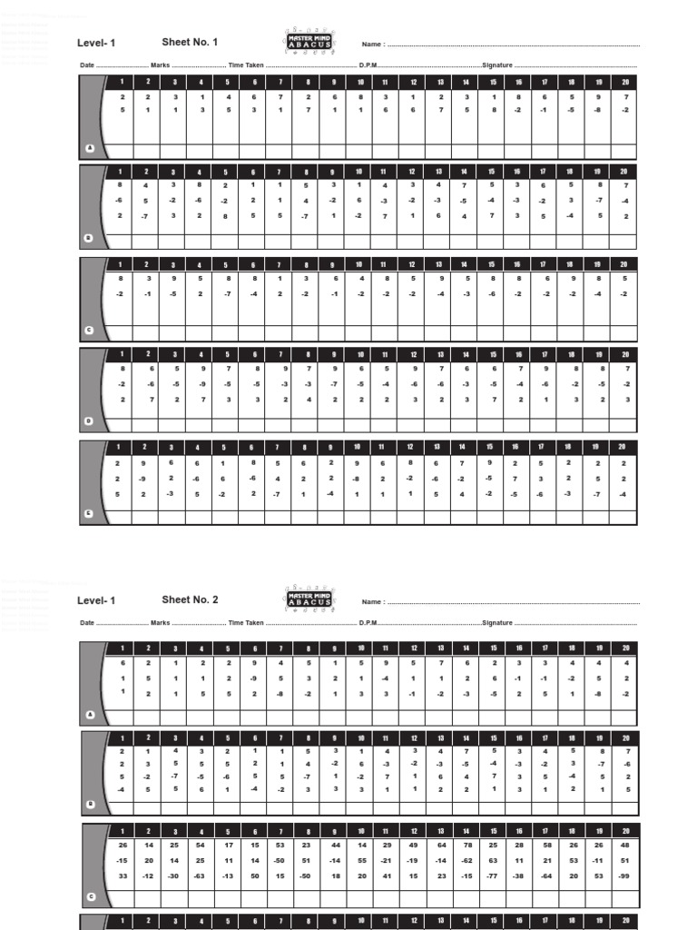 Level 1 Abacus Practice Worksheets | PDF | Teaching Mathematics