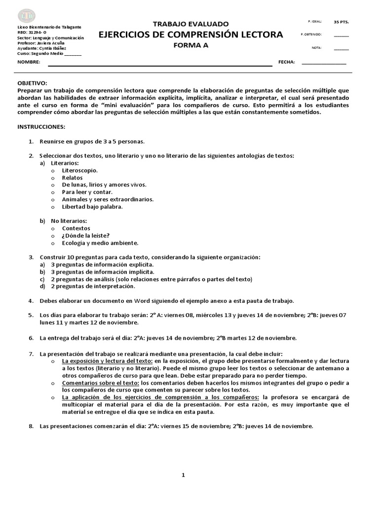 Evaluación de Comprensión Lectora 5to Primaria | PDF