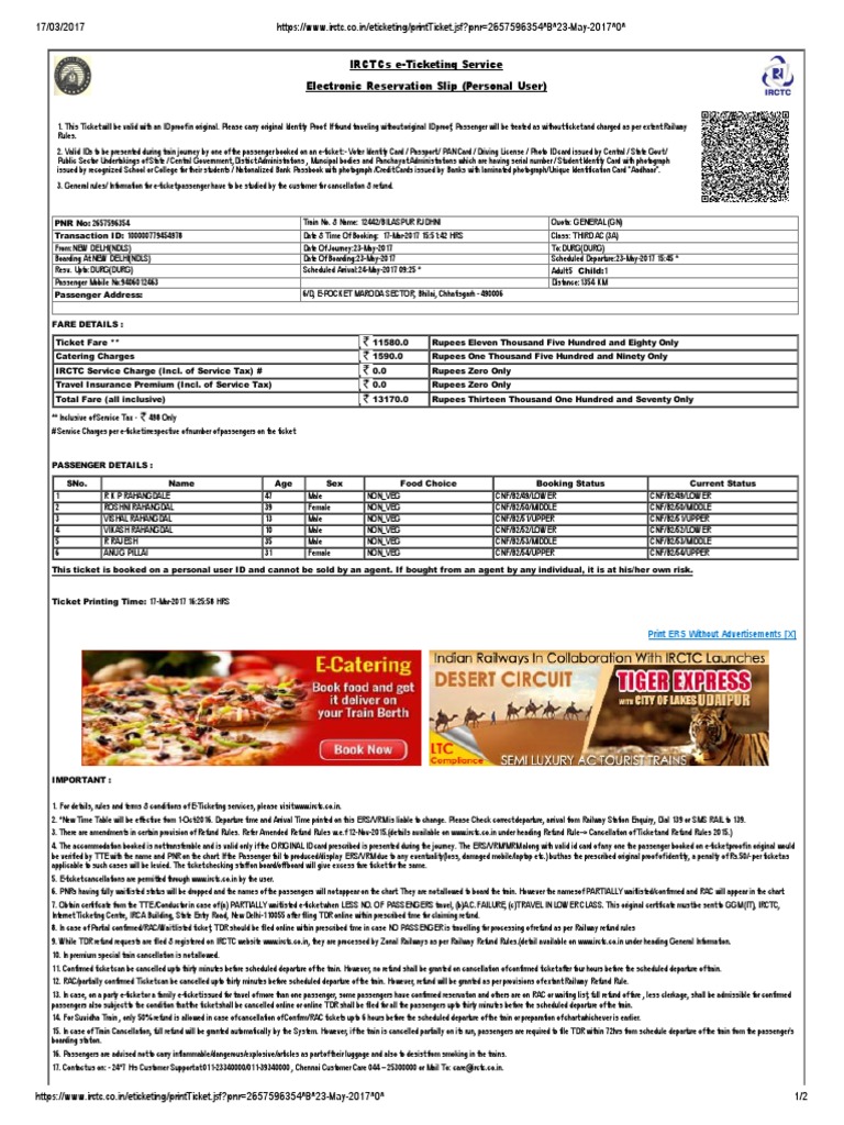 Irctcs E Ticketing Service Electronic Reservation Slip (Personal User ...