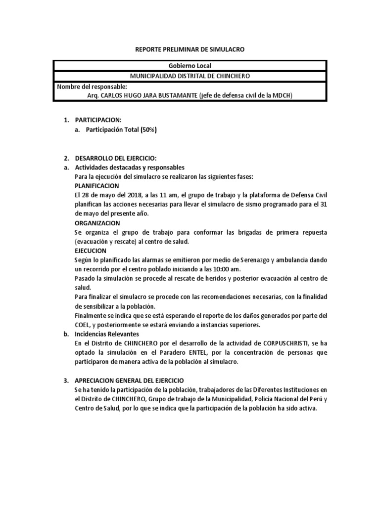 Reporte Preliminar de Simulacro | PDF