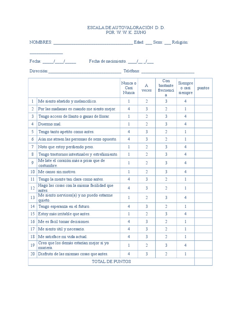 Test Escala Aa de Zung Depresion y Ansiedad