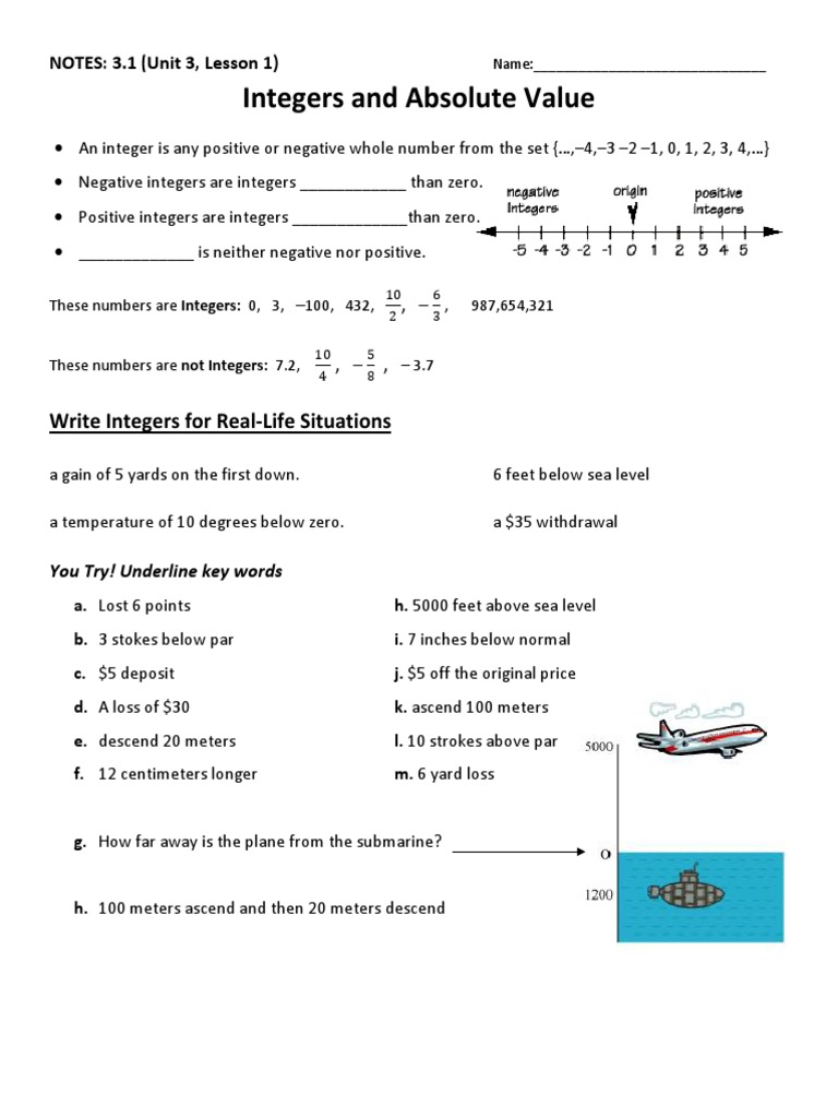 3.1 - Notes and HW - Integers - Absolute Value | PDF | Teaching ...