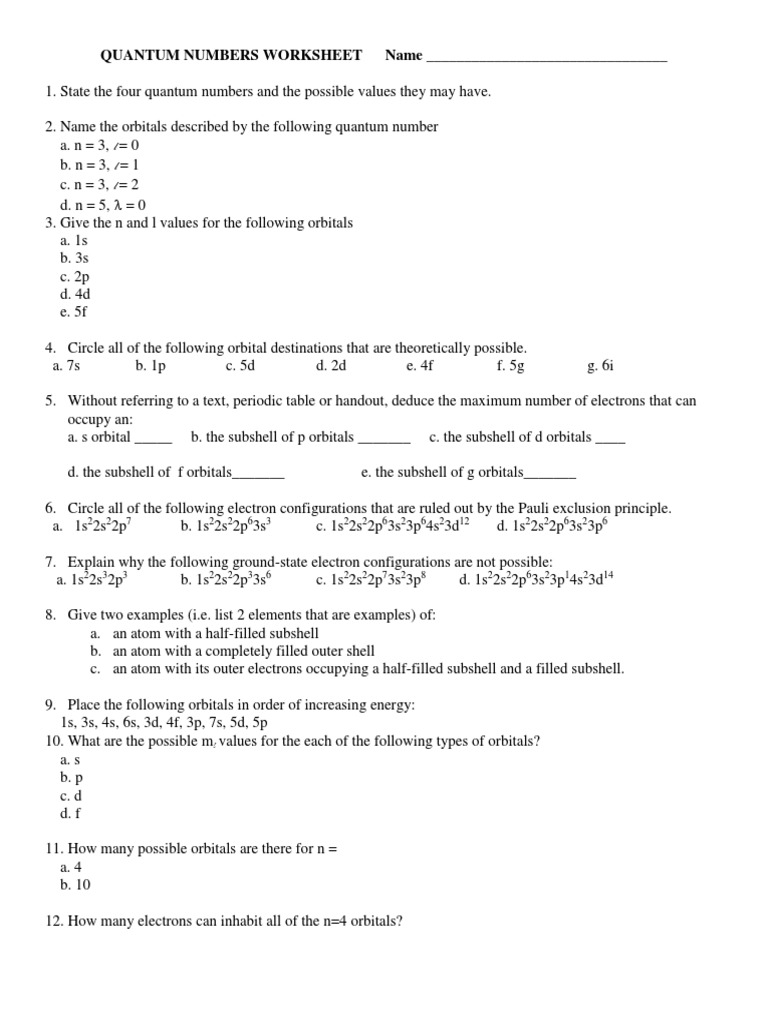 AP Quantum Numbers Worksheet | PDF | Electron Configuration | Atomic ...
