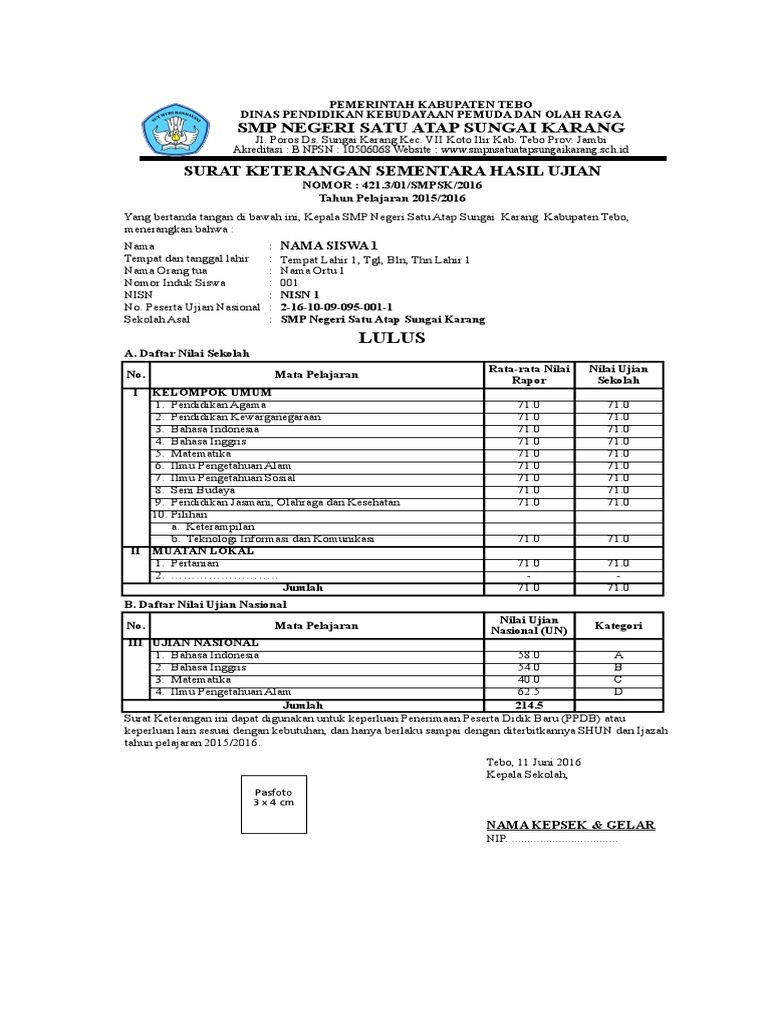 Surat Keterangan Hasil Ujian SMP | PDF