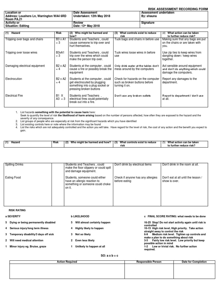 Risk Assessment Recording Form | PDF | Allergy | Risk