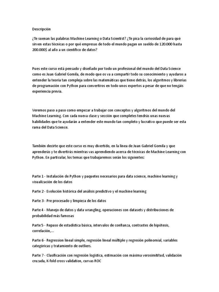 Machine Learning Python | PDF | Aprendizaje automático | Estadísticas Machine Learning Python | PDF | Aprendizaje automático | Estadísticas