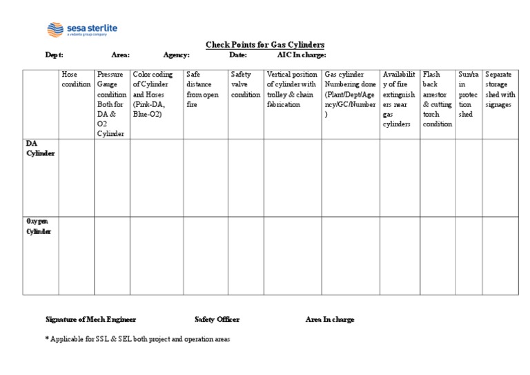 Gas Cutting Cylinder Checklist | PDF | Chemical Industry | Gases
