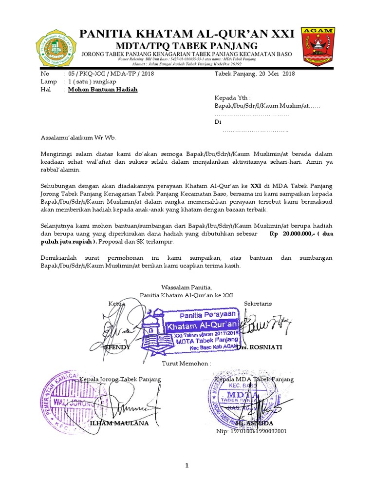 Proposal Permohonan Bantuan Dana Khatam Qur'An | PDF