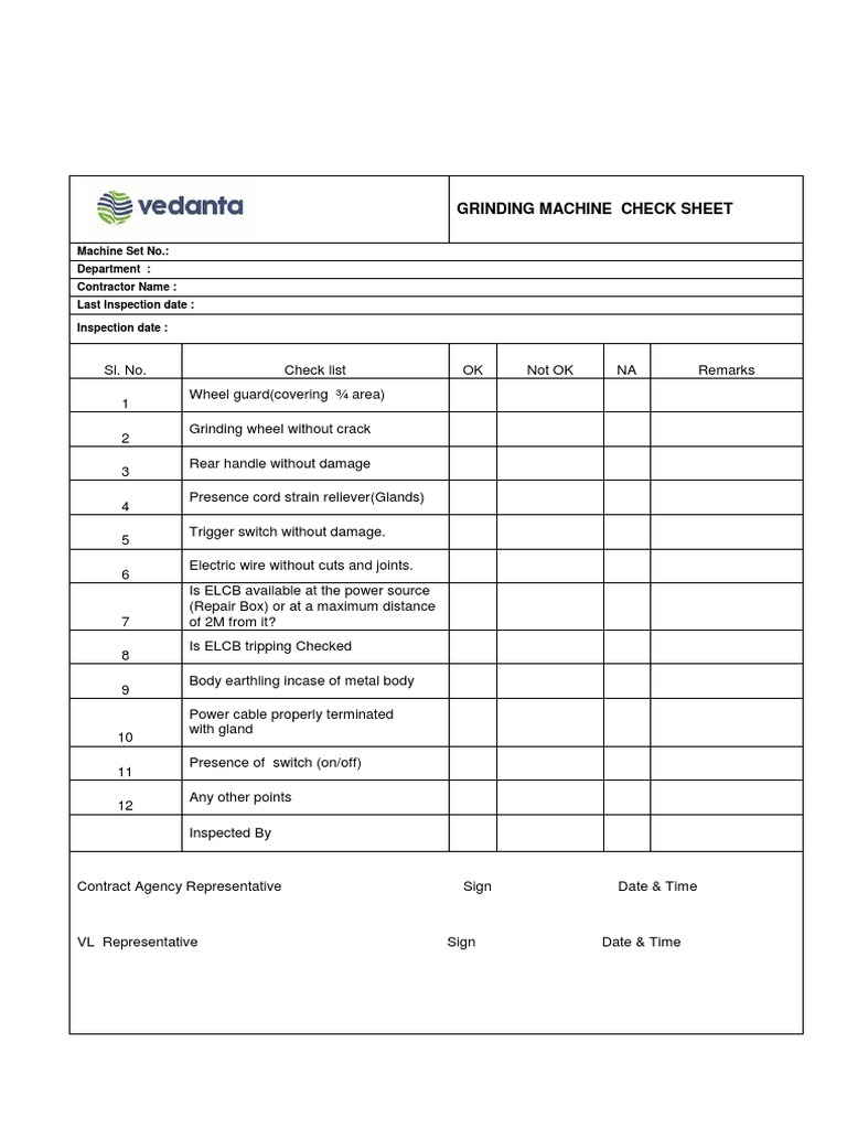 Grinding Machine Check Sheet: Machine Set No.: Department: Contractor ...