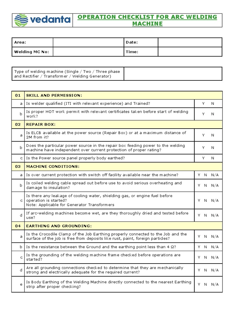 Welding Machine - Operation Checklist | PDF | Welding | Construction