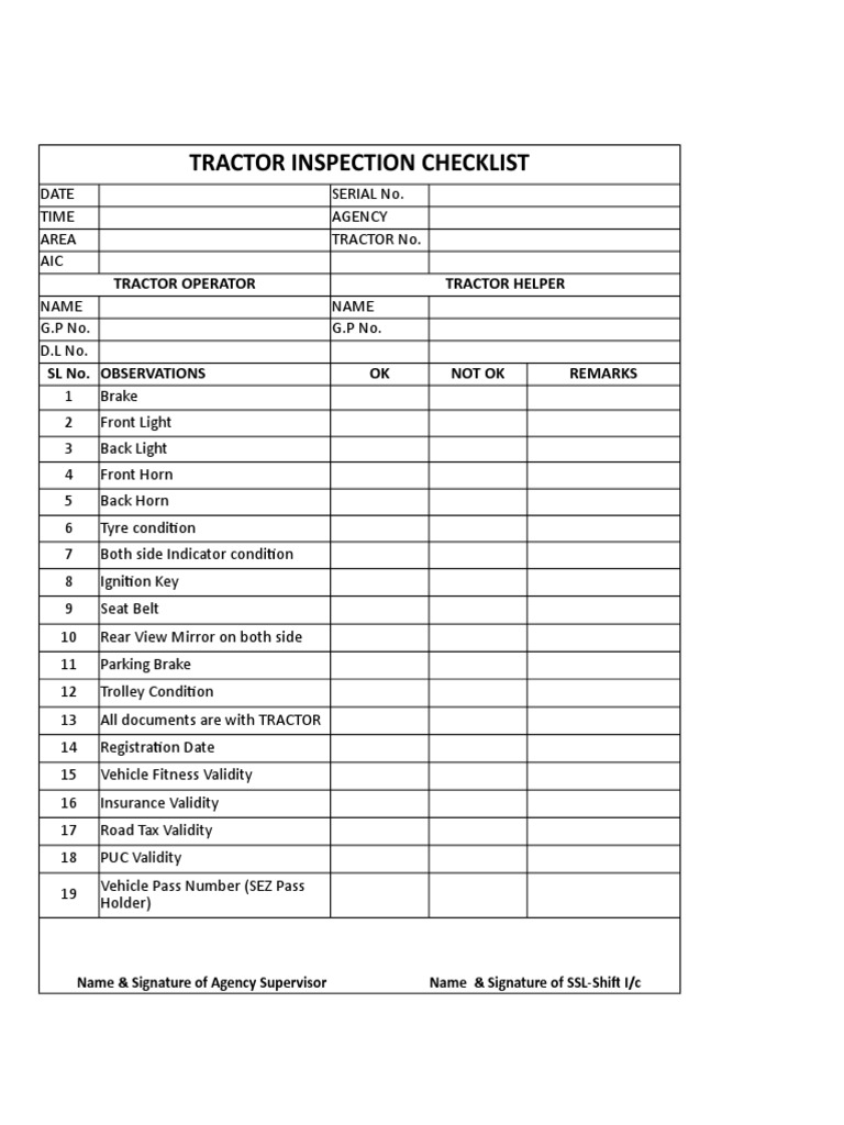 Tractor Inspection Checklist: Tractor Operator Tractor Helper | PDF