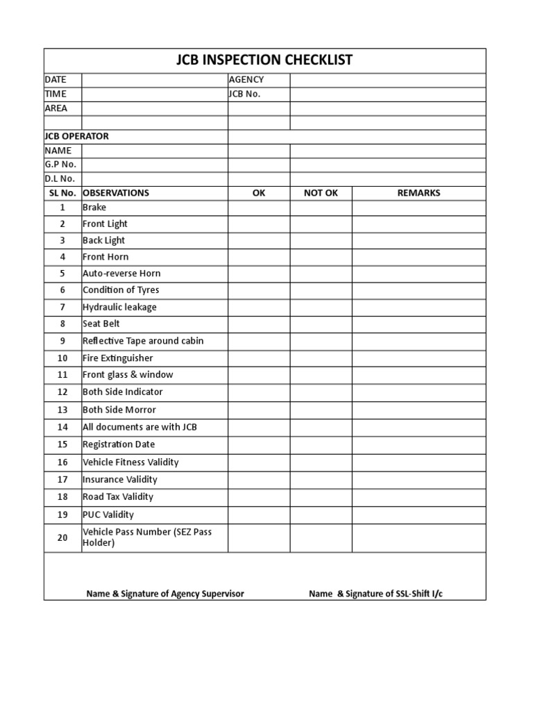 JCB Inspection and Maintenance Checklist | PDF | Equipment | Transport