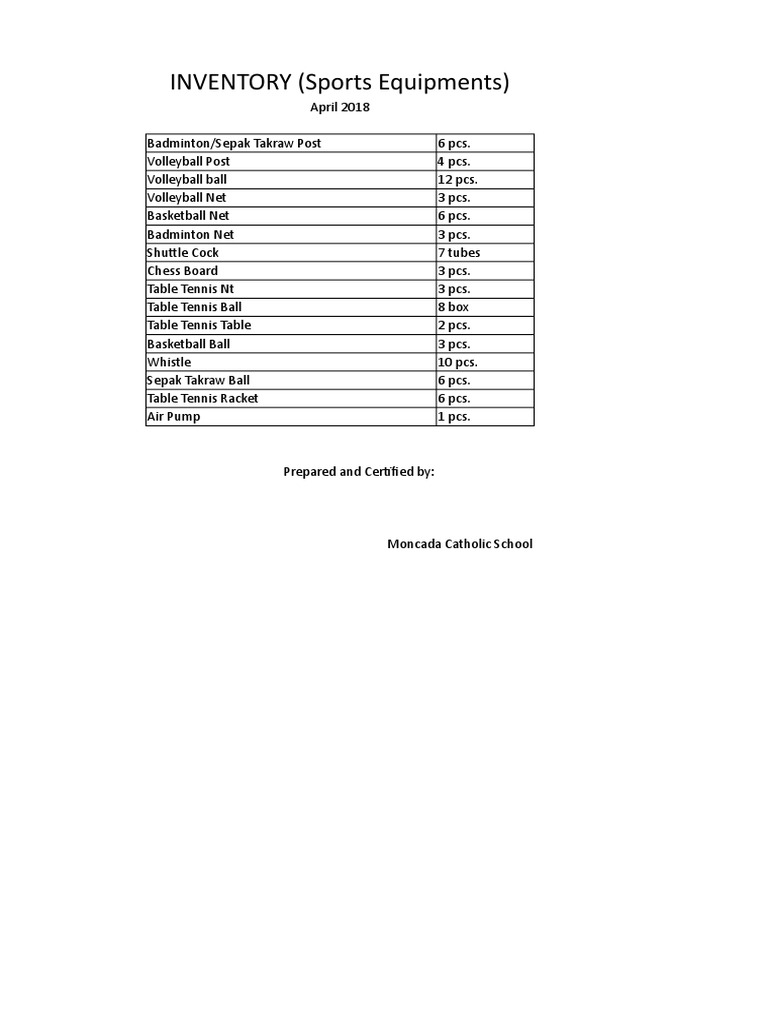 INVENTORY (Sports Equipments) | PDF