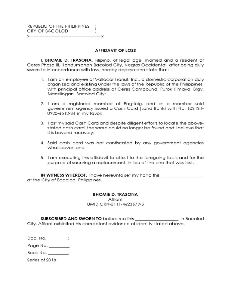 Affidavit of Loss: Pag-ibig Cash Card | PDF