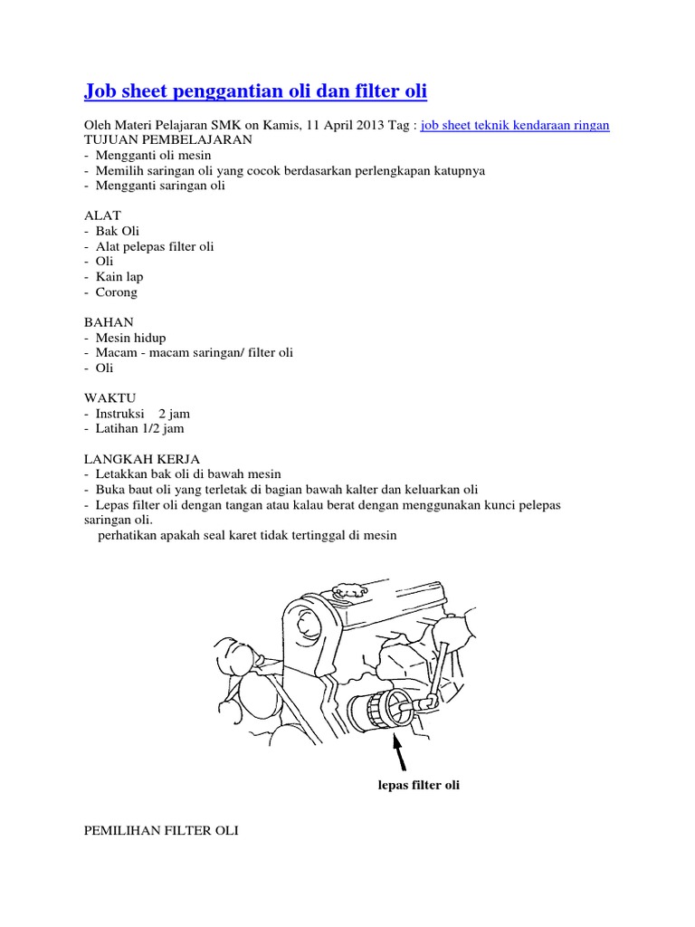 Job Sheet Penggantian Oli Dan Filter Oli | PDF