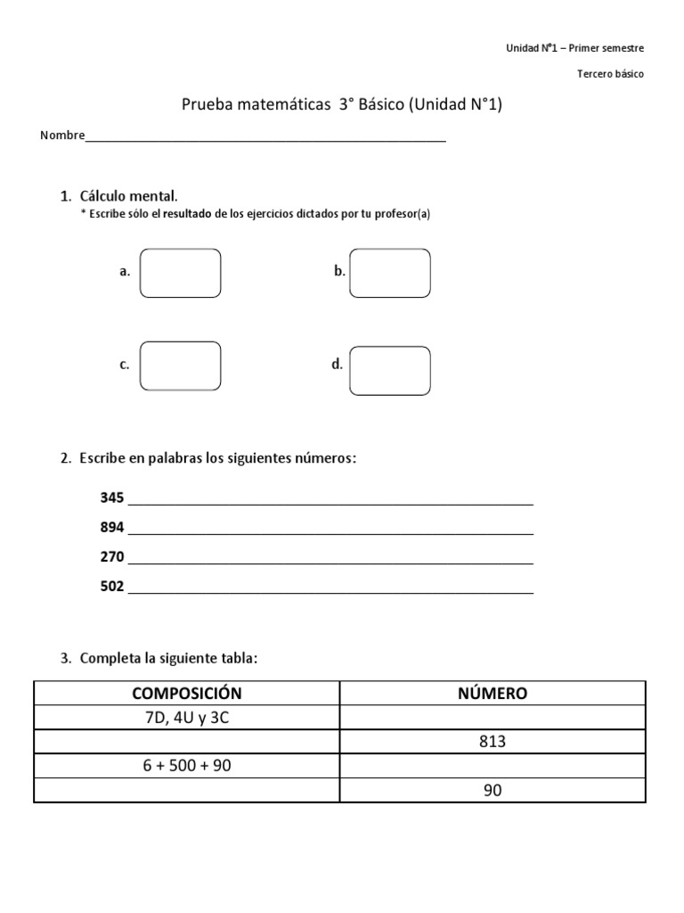 Prueba Unidad 1 - 3B | PDF | Sustracción | Enseñanza de matemática