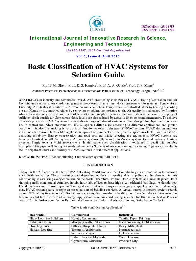 Basic Classification of HVAC Systems For Selection Guide | PDF | Hvac ...