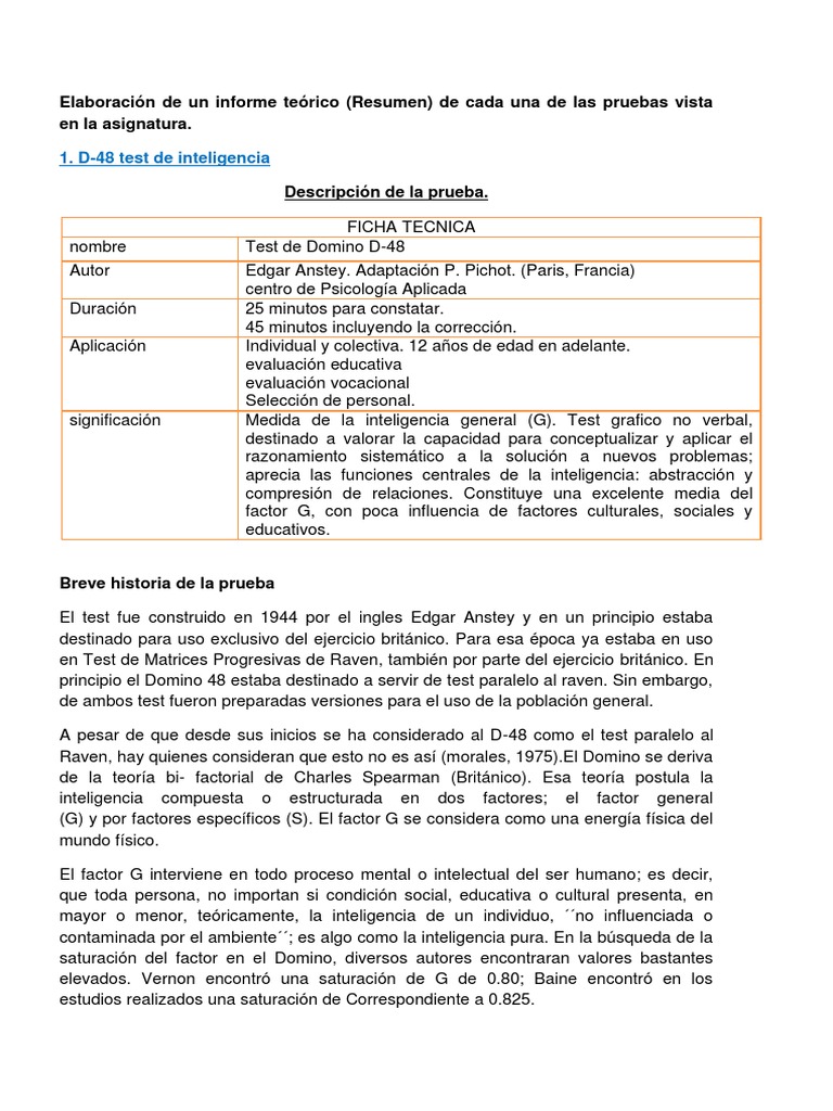 Ficha, Historia y Corrección Test TRF, D-48, RAVEn y Otros | Validez ...