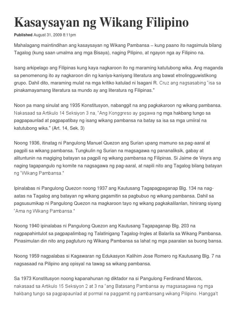 Kasaysayan Ng Wikang Filipino