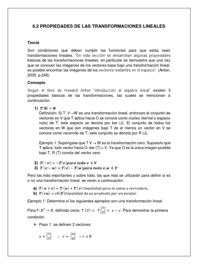 Propiedades De Transformaciones Lineales Pdf Mapa Lineal Espacio