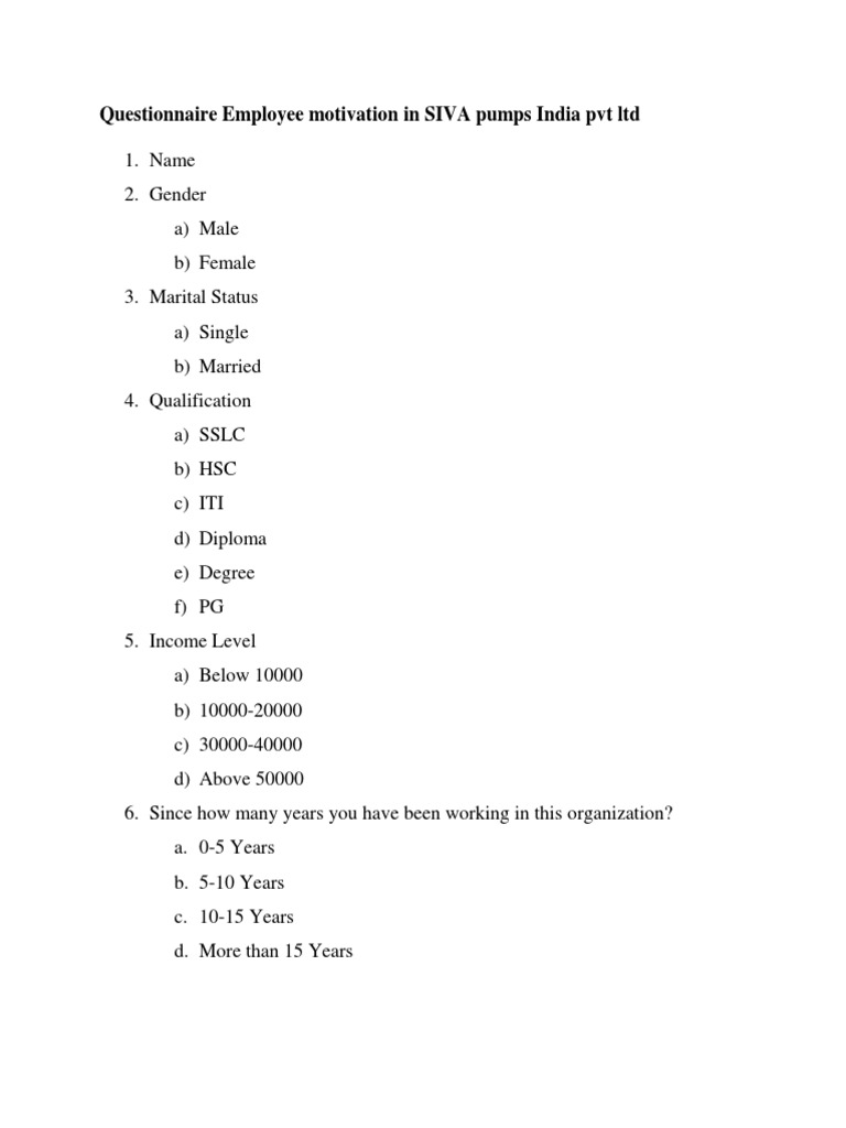 Questionnaire Employee Motivation | Download Free PDF | Motivation ...