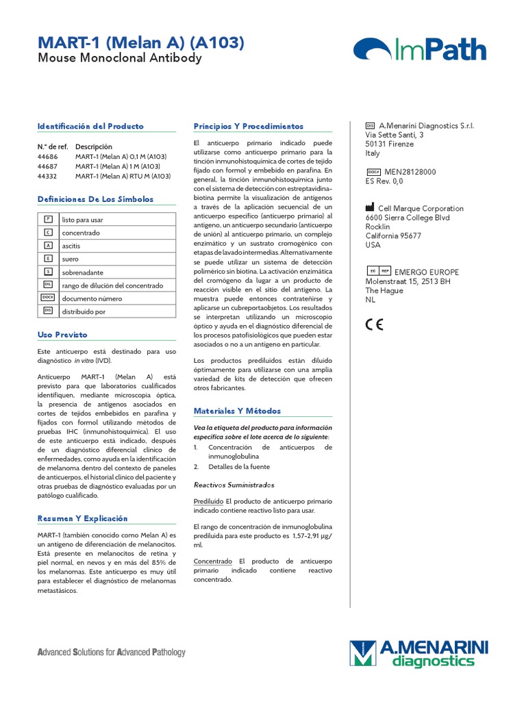 MART-1 (Melan A) (A103) - MEN - ES - IVD - 0.0 | PDF | Tinción | Anticuerpo