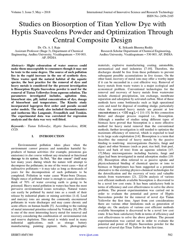 Studies On Biosorption of Titan Yellow Dye With Hyptis Suaveolens ...