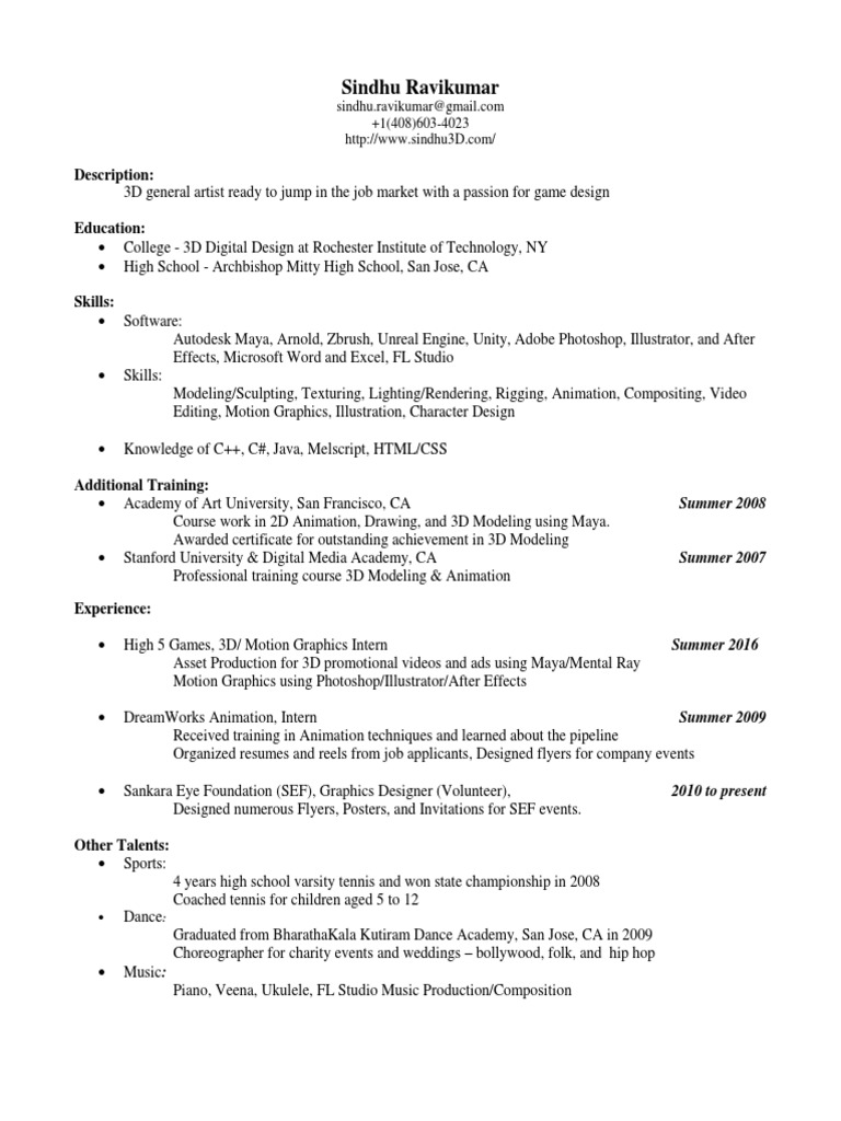 Sindhu Ravikumar Resume | PDF | 3 D Computer Graphics | Autodesk Maya