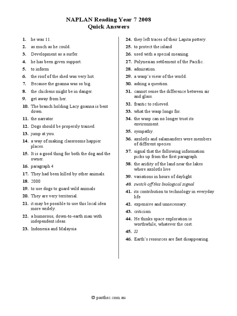 NAPLAN Reading Year 7 2008 Quick Answers: and Glass | PDF | Nature