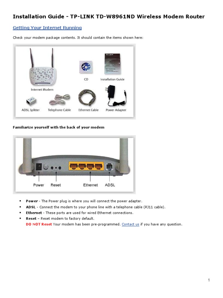 Installation Guide - TP-LINK TD-W8961ND Wireless Modem Router | PDF ...