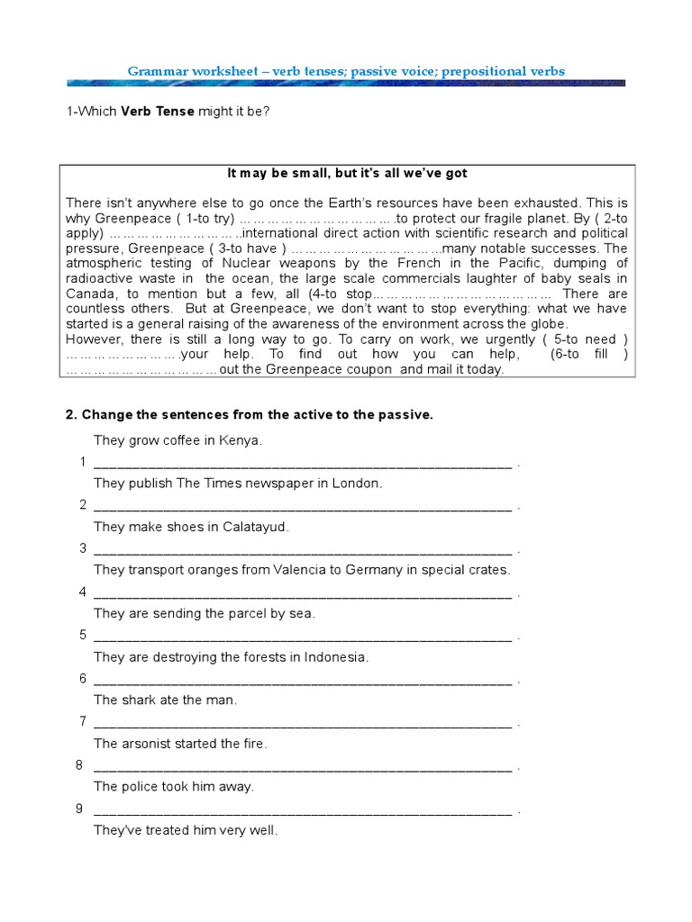 Grammar Worksheet - Verb Tenses, Passive Voice, Verb Preposition | PDF ...
