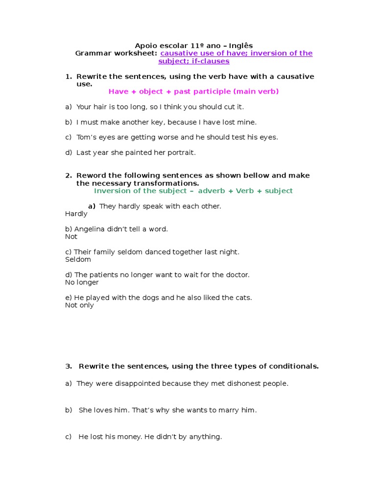 Grammar Worksheet - Inversion of Subject Have Causative If Clauses | PDF