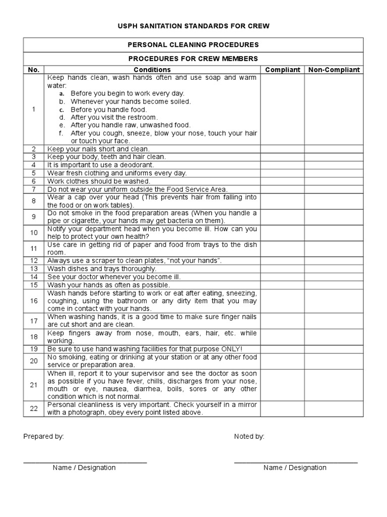 USPH Standards for Crew Hygiene | PDF | Hand Washing | Foods