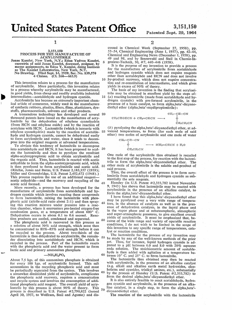Efficient Acrylonitrile Production Process | PDF | Phosphoric Acid ...