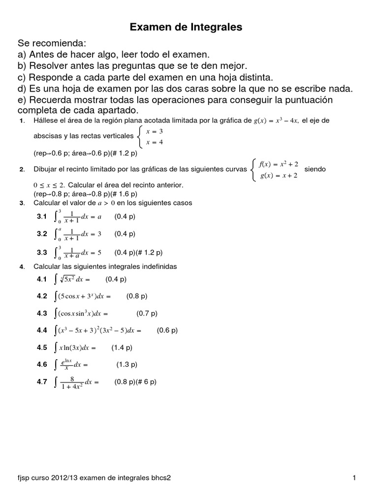 Examen de Integrales Resuelto | PDF | Integral | Enseñanza de matemática