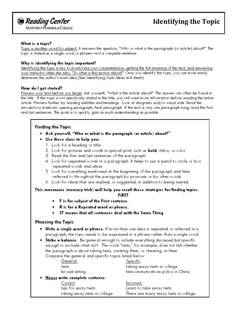 Identifying The Topic | PDF | Essays | Reading Comprehension