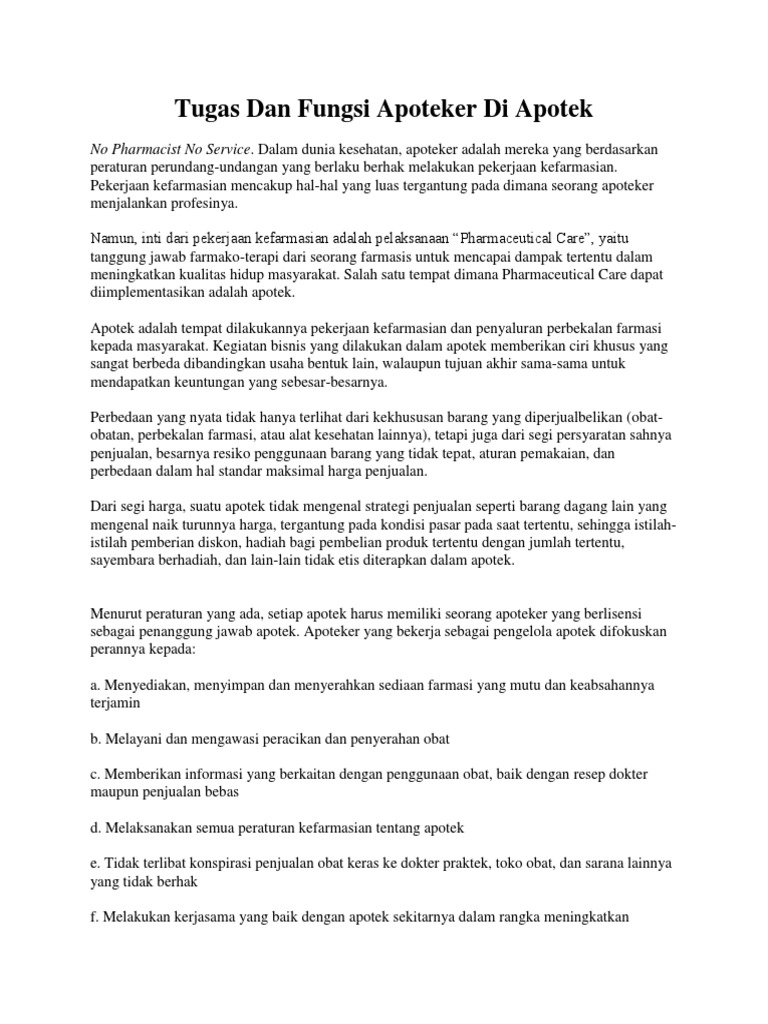 Tugas Dan Fungsi Apoteker Di Apotek Pdf