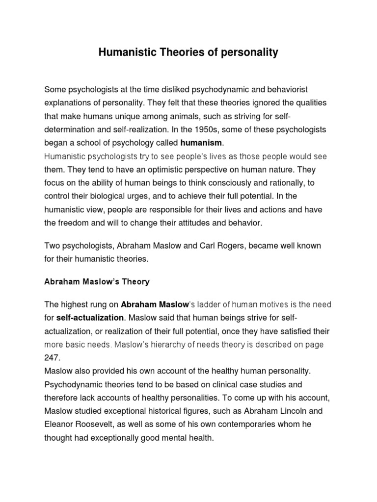 Humanistic Theories of Personality | PDF | Self Actualization | Humanistic Psychology